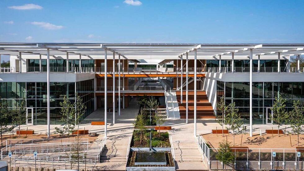 Gensler uses solar-panel canopy to shade mass-timber Texas office ...